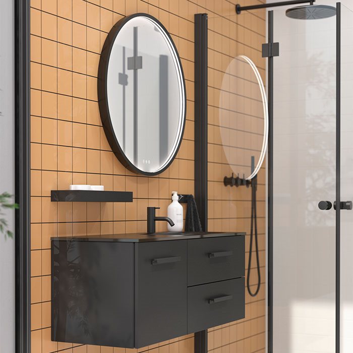 Dansani Moon rammespejl med lysstyring, ø75 cm - Sort mat